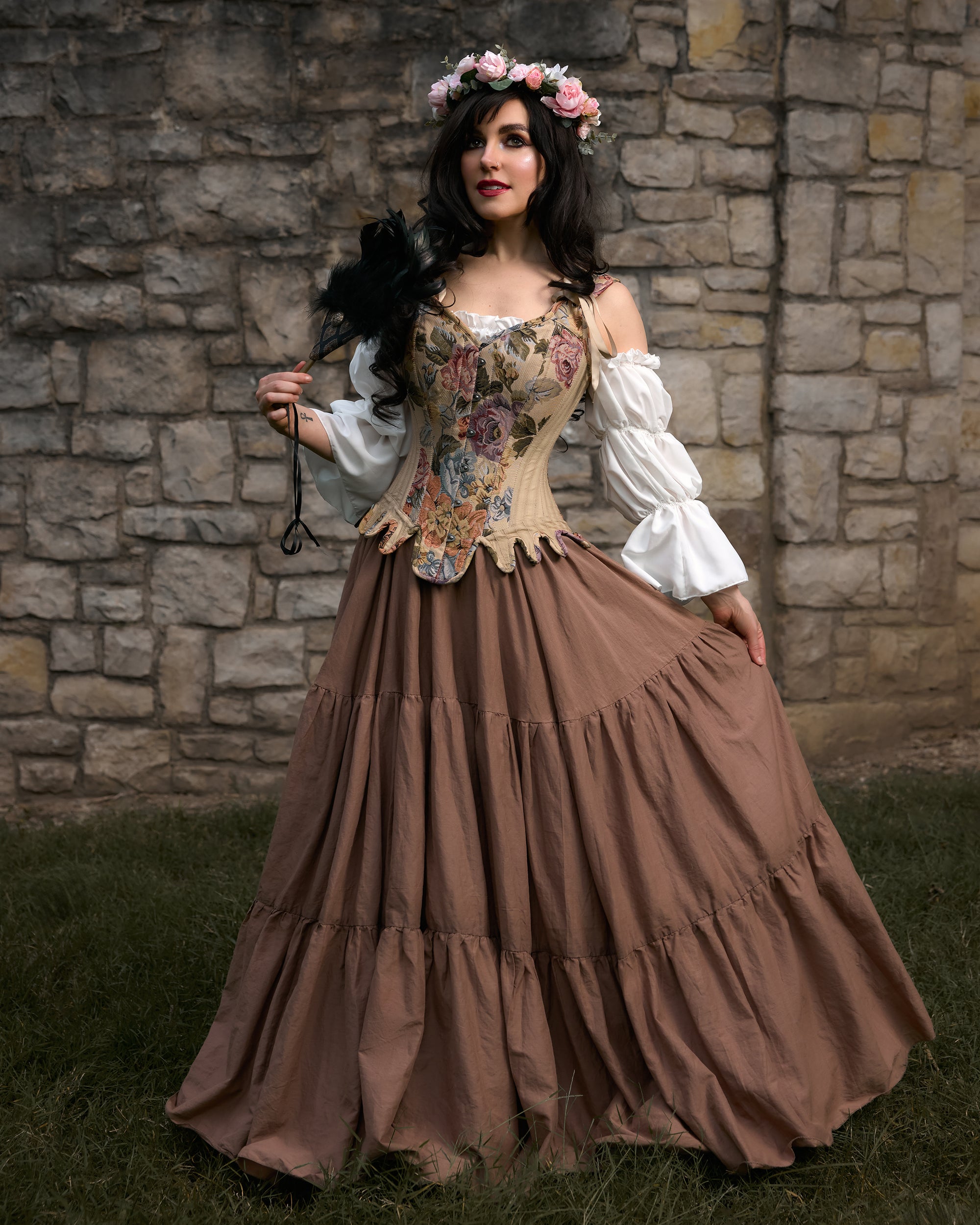 Women Renaissance Cottage Core Corset Stays & Cotton Dress - Ren Faire