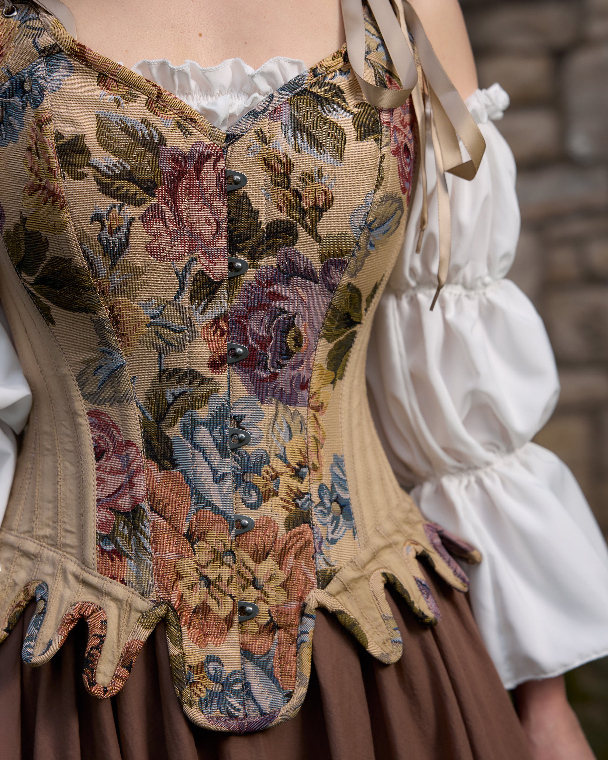 Women Renaissance Cottage Core Corset Stays & Cotton Dress Beige - Ren