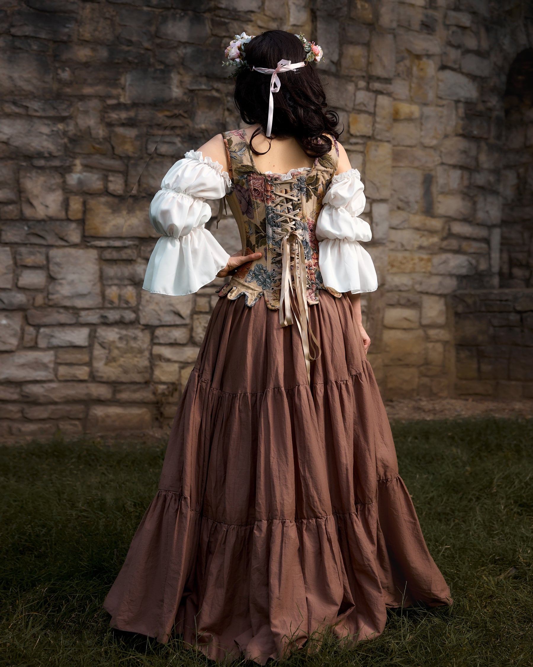 Women Renaissance Cottage Core Corset Stays & Cotton Dress - Ren Faire